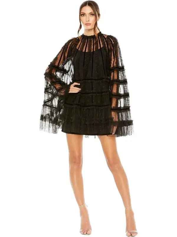 Mac Duggal High Neck Ruffle Bell Sleeve Trapeze Dress - Black