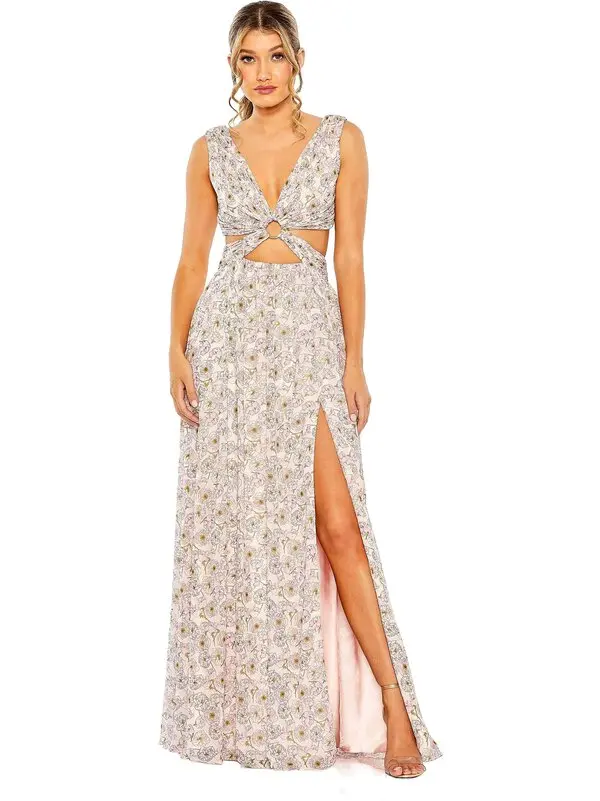 Mac Duggal Strapless Cut Out Open Back Floral Print Gown - Pink Multi