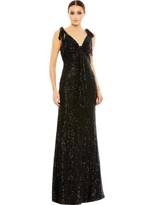 Mac Duggal Sequin Gown With Bow Shoulder Detail - Black