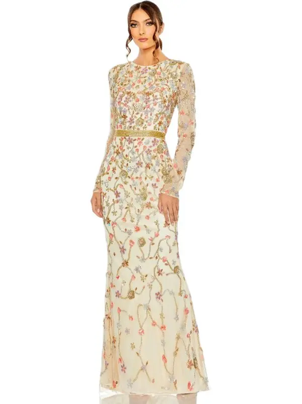 Mac Duggal Floral Embellished Gown With Beaded Details - Nude Multi