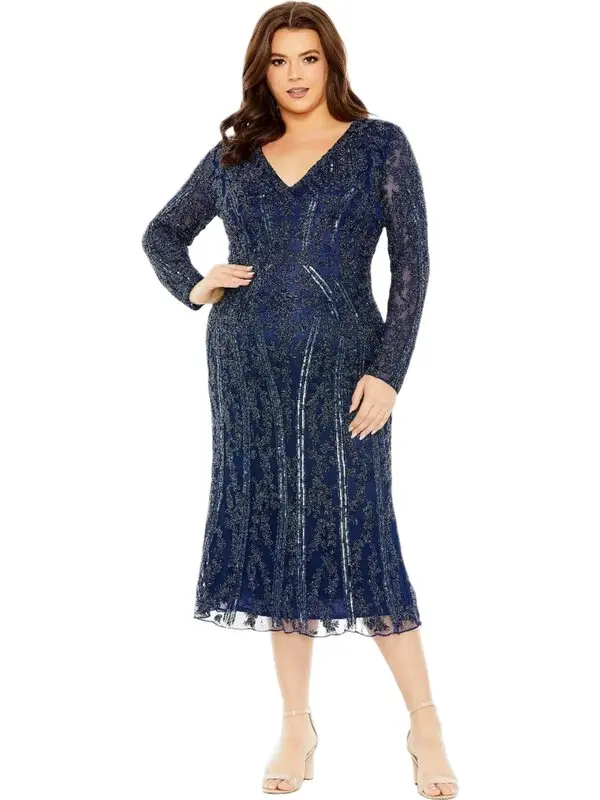 Mac Duggal Embellished Long Sleeve Gown - Navy