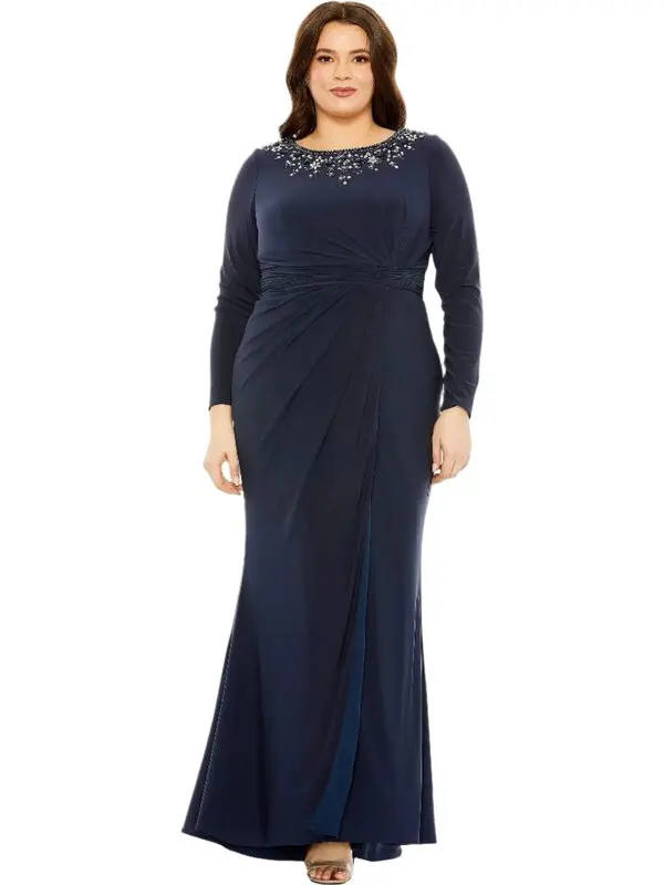 Mac Duggal Long Sleeve Embellished Neckline Jersey Gown - Midnight