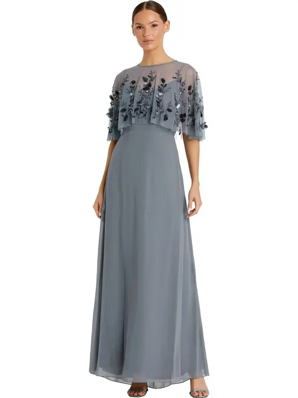 Mac Duggal Embellished Cape Overlay Gown - Gray