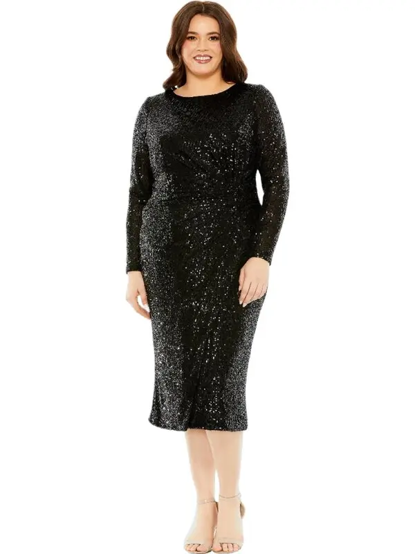 Mac Duggal Long Sleeve Sequin Gathered Waist Dress - Black