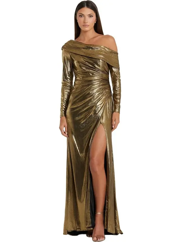 Mac Duggal Off-the-shoulder Metallic Gown - Antique Gold