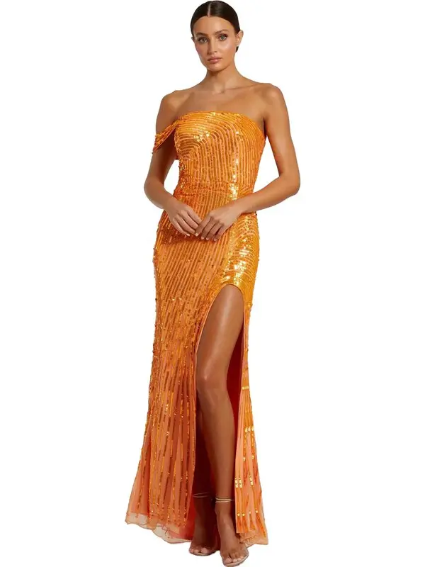 Mac Duggal One-shoulder Sequin Gown With Slit - Orange