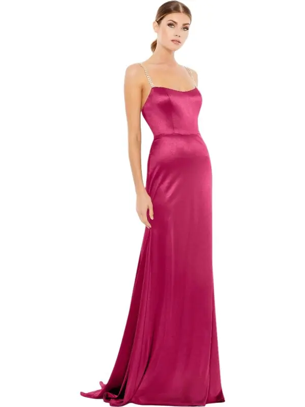 Mac Duggal Charmeuse Rhinestone Strap Trumpet Gown - Pink