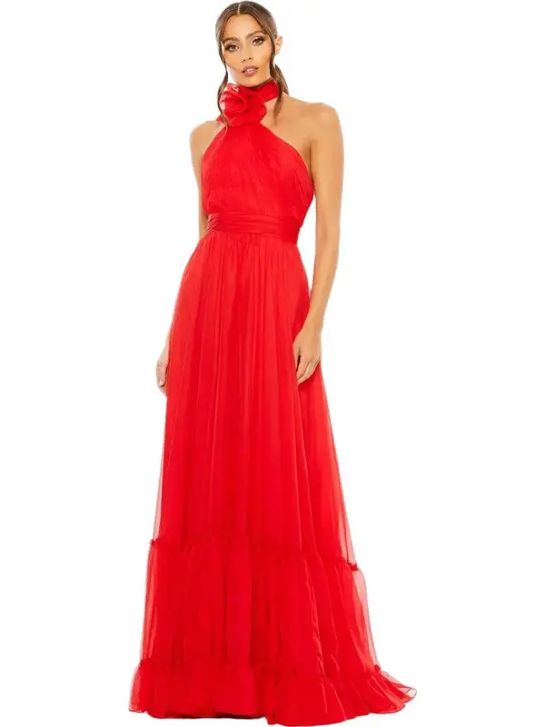 Mac Duggal Asymmetrical Halter Neck A-line Gown - Red