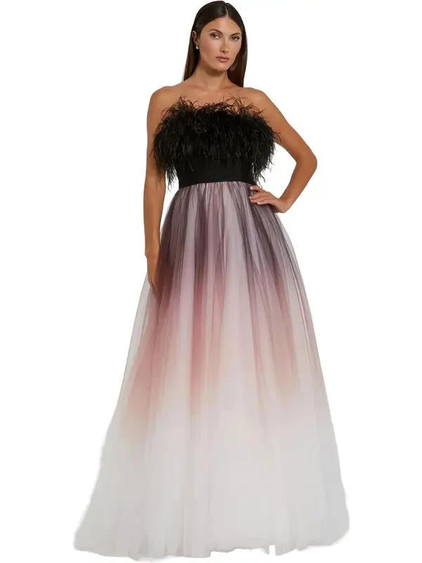 Mac Duggal Strapless Feather Bodice Ombre Tulle Gown - Multicolor