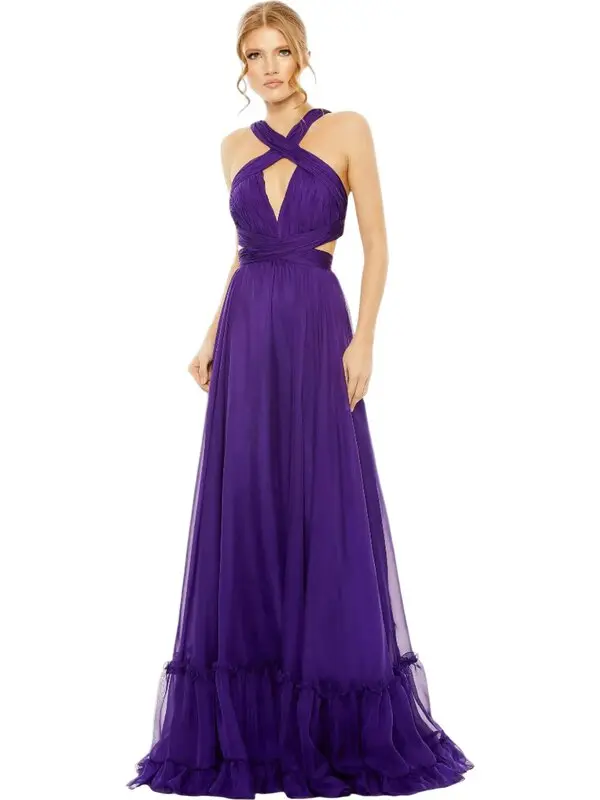 Mac Duggal Halter Cutout Keyhole Tiered Gown - Purple