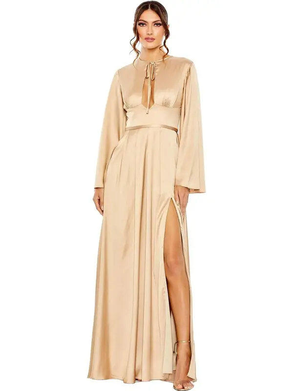 Mac Duggal Charmeuse Soft Tie Keyhole Bell Sleeve Gown - Nude