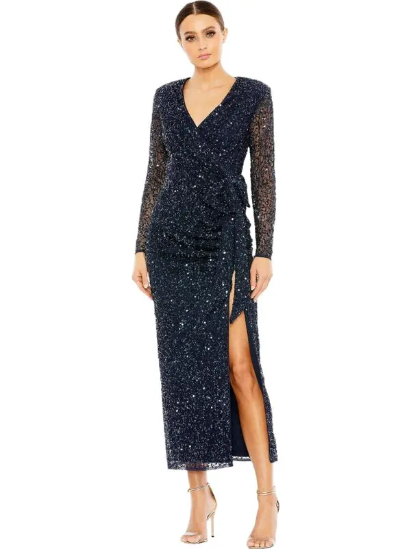 Mac Duggal Sequin Mesh Faux Wrap Gown - Midnight