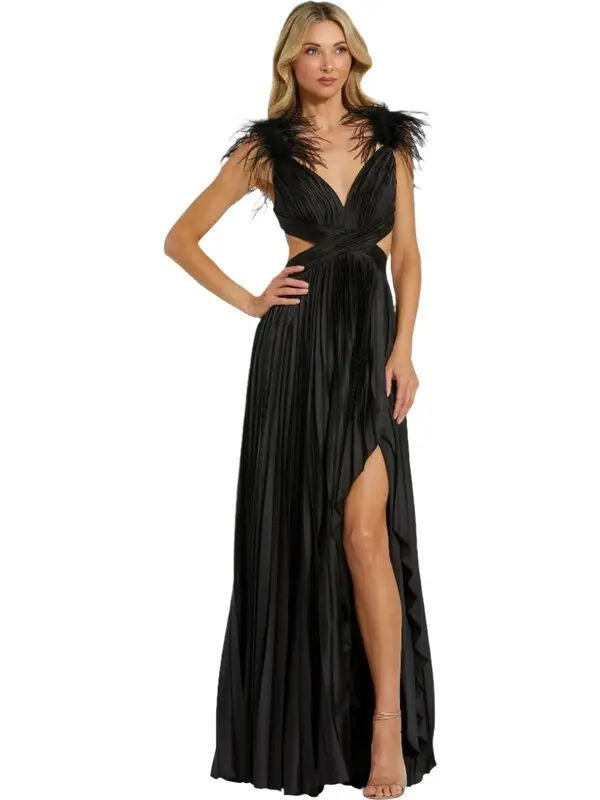 Mac Duggal Pleated Satin Feathered Gown - Black
