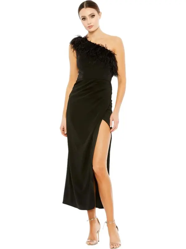 Mac Duggal One-shoulder Feather-trimmed Draped Dress - Black