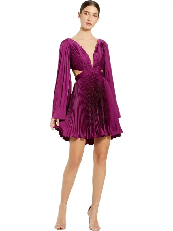 Mac Duggal Pleated V-neck Cutout Long Sleeve Mini Dress - Purple