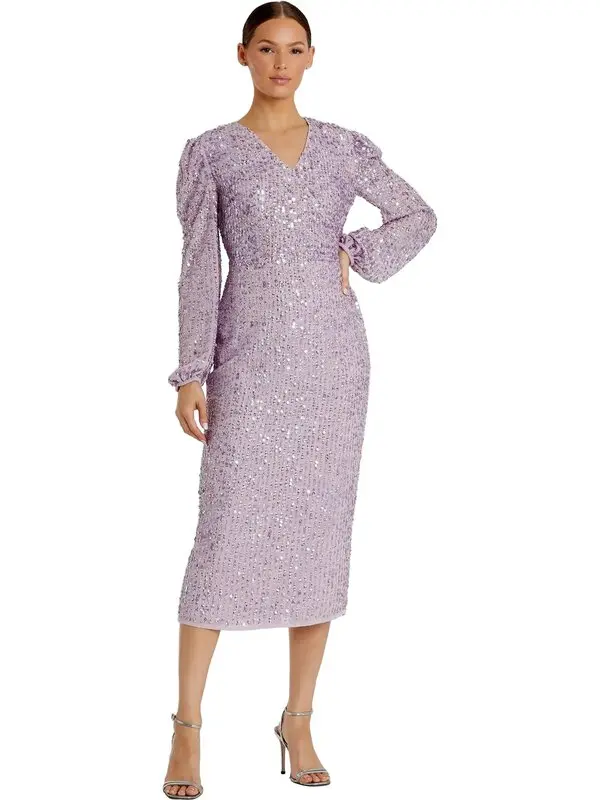 Mac Duggal Sequined Illusion Puff Sleeve V-neck Midi Dress - Purple