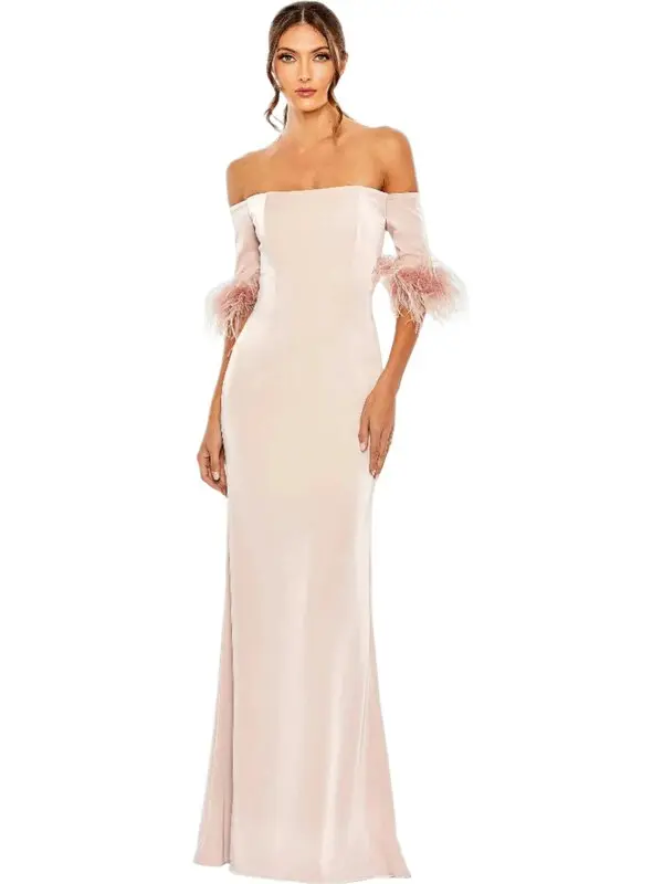 Mac Duggal Feather Trim Off-the-shoulder Column Gown - Blush