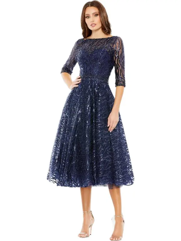 Mac Duggal Embellished A-line Dress With 3/4 Sleeves - Navy