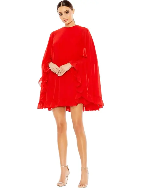 Mac Duggal High Neck Ruffle Hem Cape Mini Dress - Red