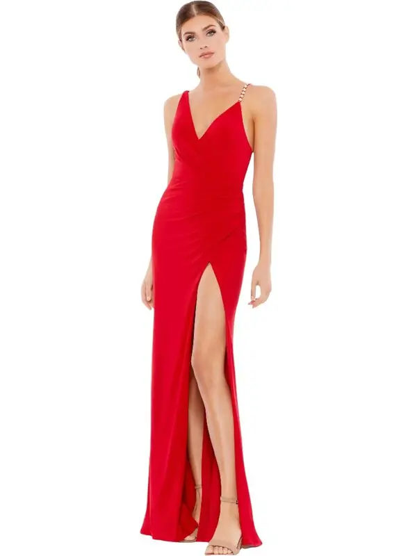 Mac Duggal Faux Wrap Pearl Strap Gown - Red