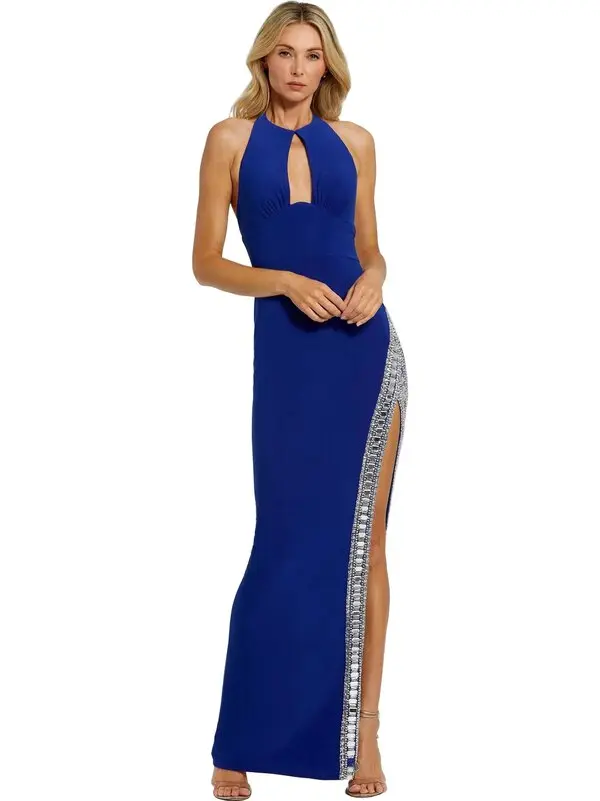 Mac Duggal Jersey Halterneck Gown With Beaded Slit Detail - Blue