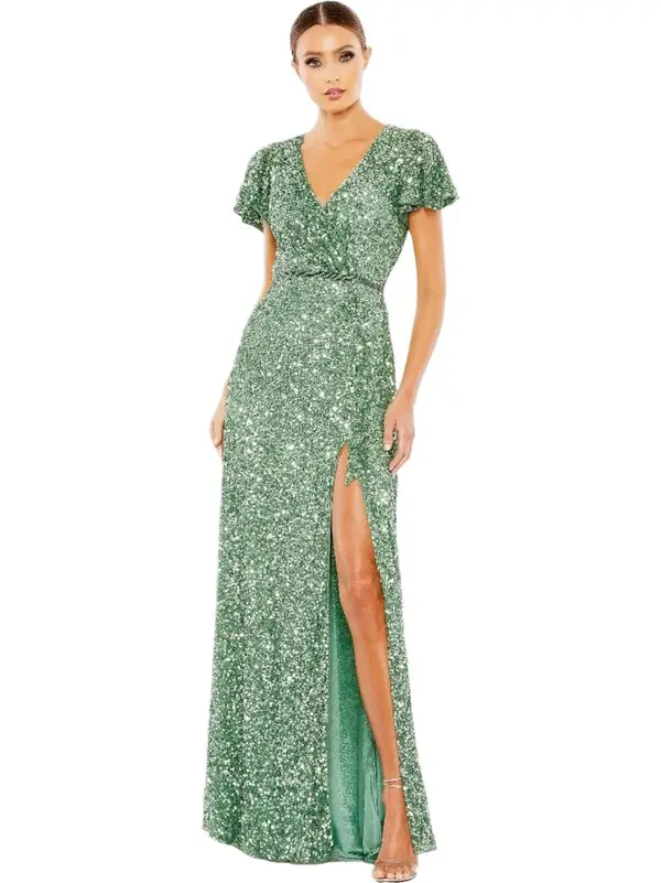 Mac Duggal Sequin Butterfly Sleeve Draped Gown - Sage
