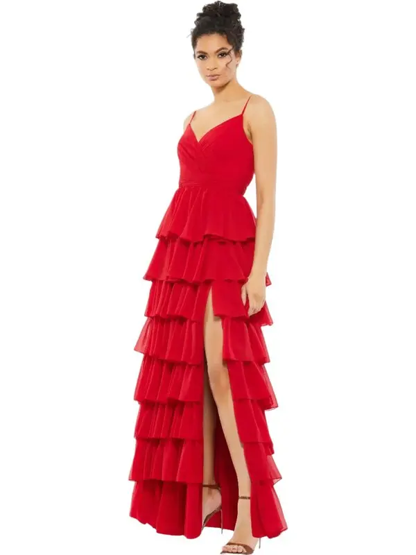 Mac Duggal V-neck Sleeveless Gown With Ruffled Skirt - Red