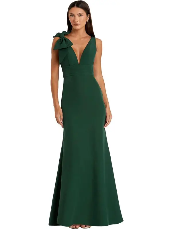 Mac Duggal Sleeveless V-neck Bow Detail Mermaid Gown - Green