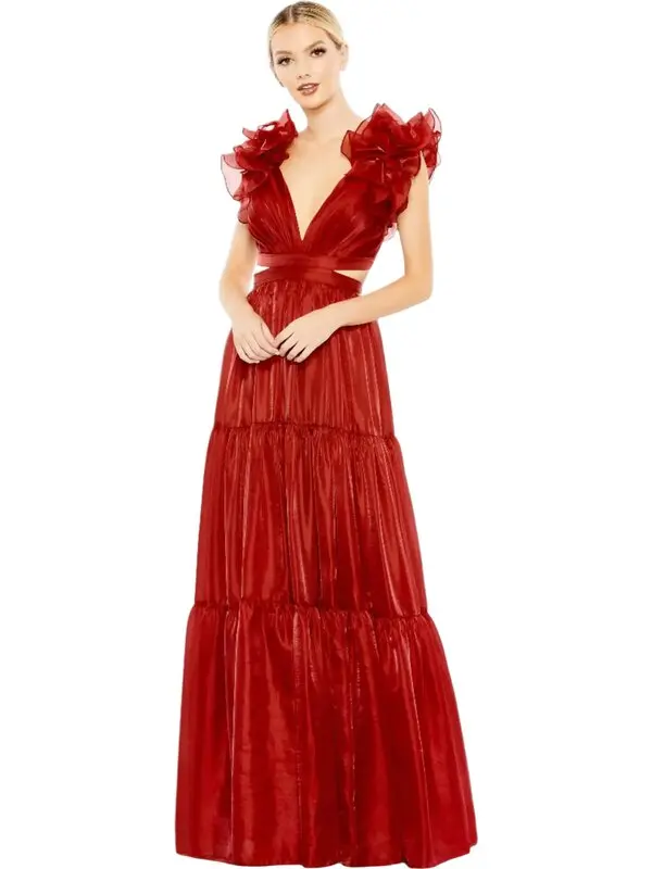 Mac Duggal Ruffled Shoulder Cut Out Tie Back Gown - Red