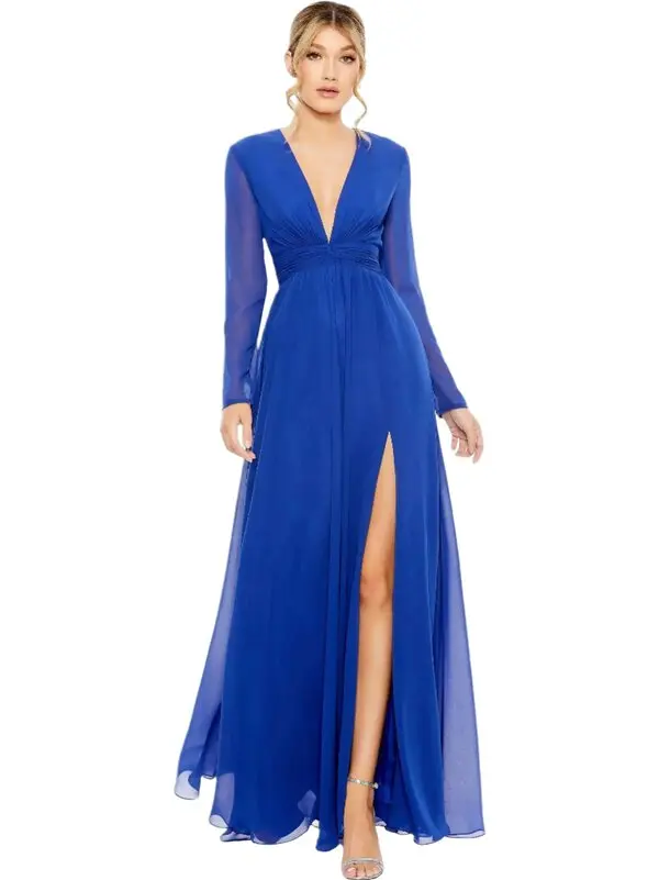 Mac Duggal Empire Waist Gown With Thigh-high Slit - Blue