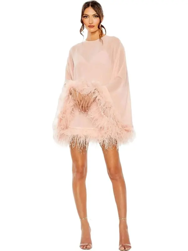 Mac Duggal Trapeze Mini Dress With Feather Trim - Pink