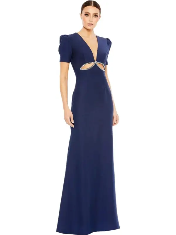Mac Duggal Plunge Neck Gown With Puff Sleeves - Navy