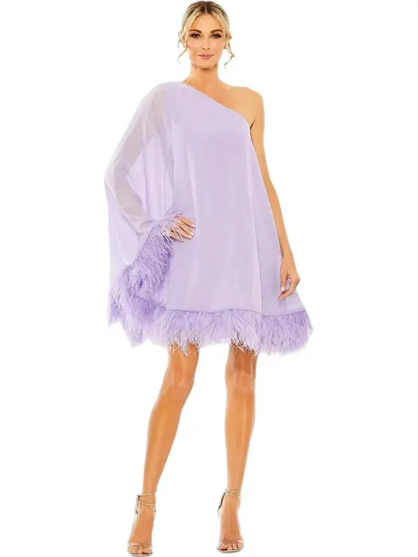 Mac Duggal One-shoulder Trapeze Dress With Feather Trim - Purple