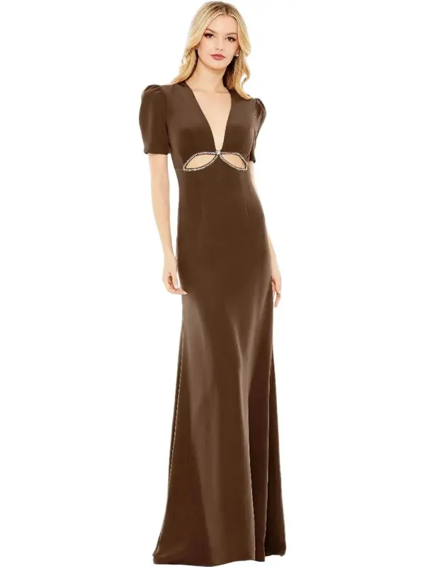 Mac Duggal Plunge Neck Puff Sleeve Beaded Cutout Gown - Brown