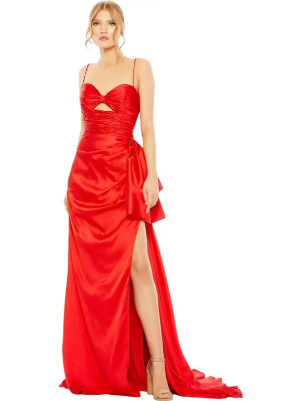 Mac Duggal Spaghetti Strap Cut Out Side Bow Gown - Red