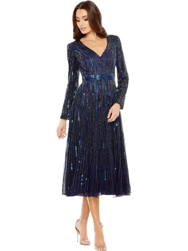 Mac Duggal Sequin Tea Length Dress - Navy