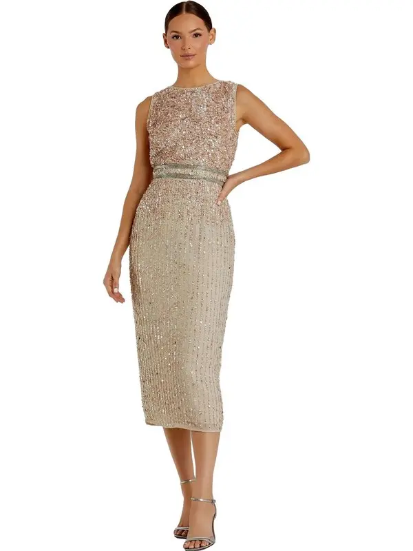 Mac Duggal Sequin Sleeveless Midi Sheath Dress - Neutral