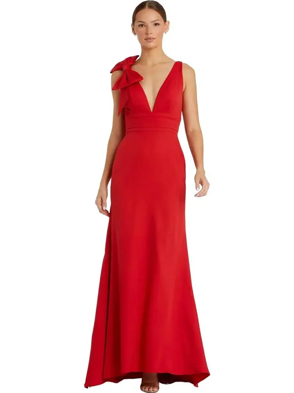 Mac Duggal Sleeveless V-neck Bow Detail Mermaid Gown - Red