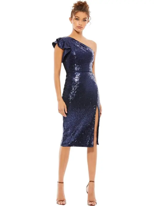 Mac Duggal Sequined One-shoulder Midi Dress - Navy