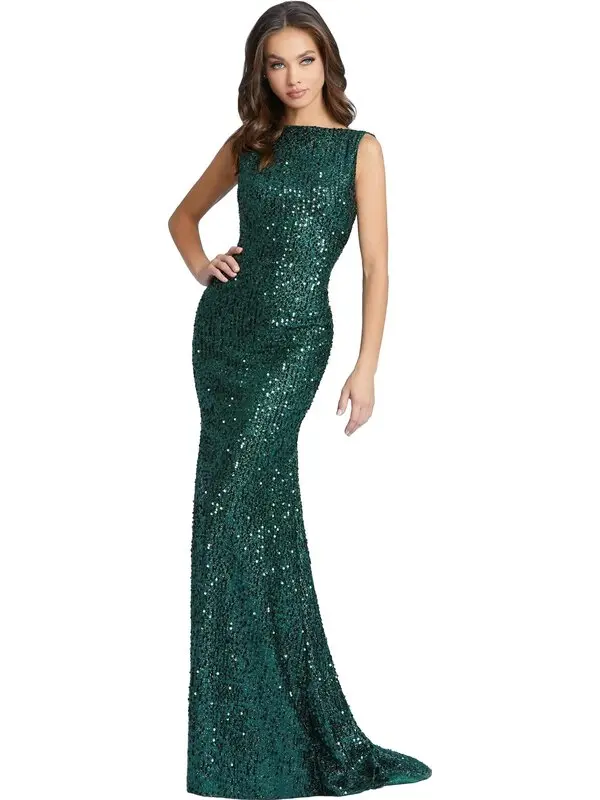 Mac Duggal Cowl Back Boat Neck Sequined Evening Gown - Green