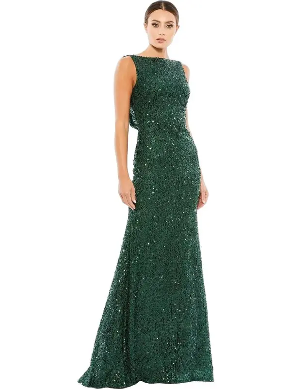 Mac Duggal Sequin Cowl Back Evening Gown - Green