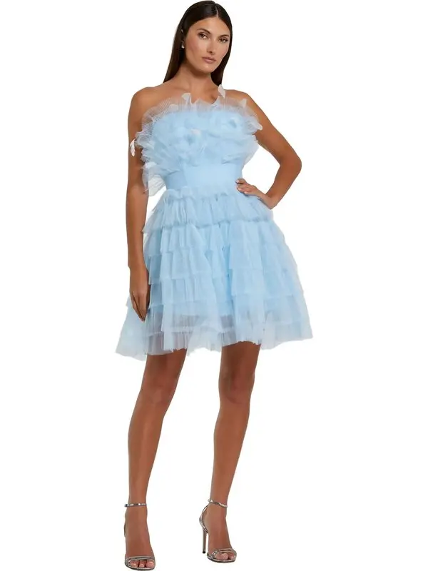 Mac Duggal Tulle Fit And Flare Dress With Feathered Bustier - Blue