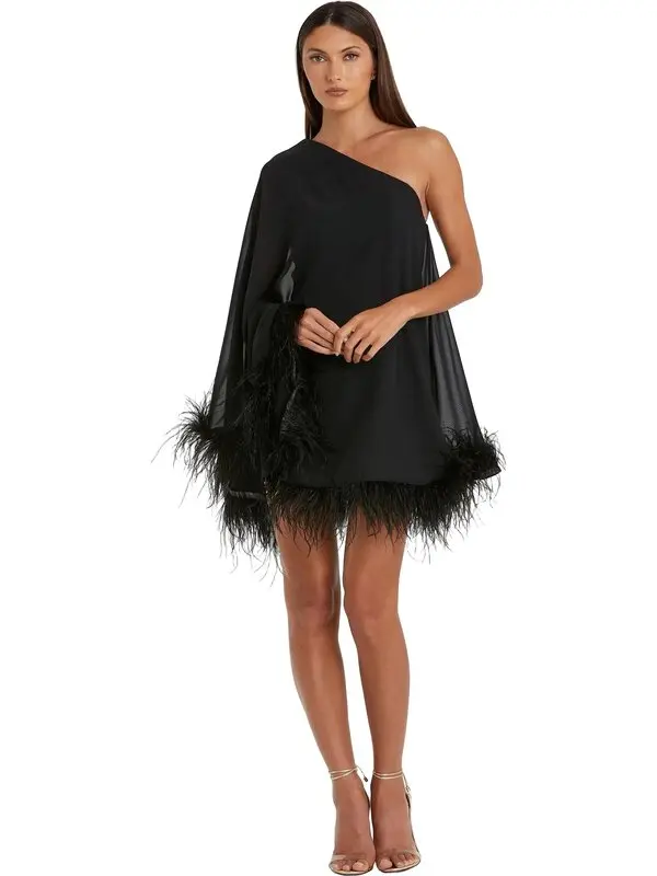 Mac Duggal One-shoulder Feather-trimmed Trapeze Dress - Black