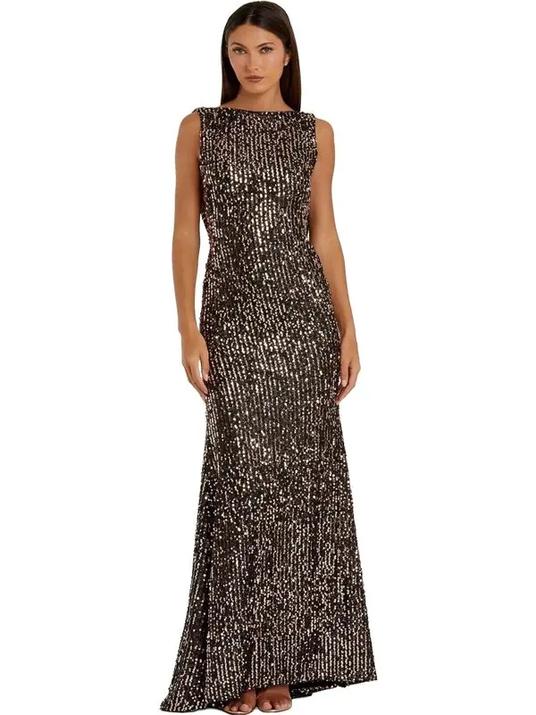 Mac Duggal Cowl Back Boat Neck Sequined Evening Gown - Brown