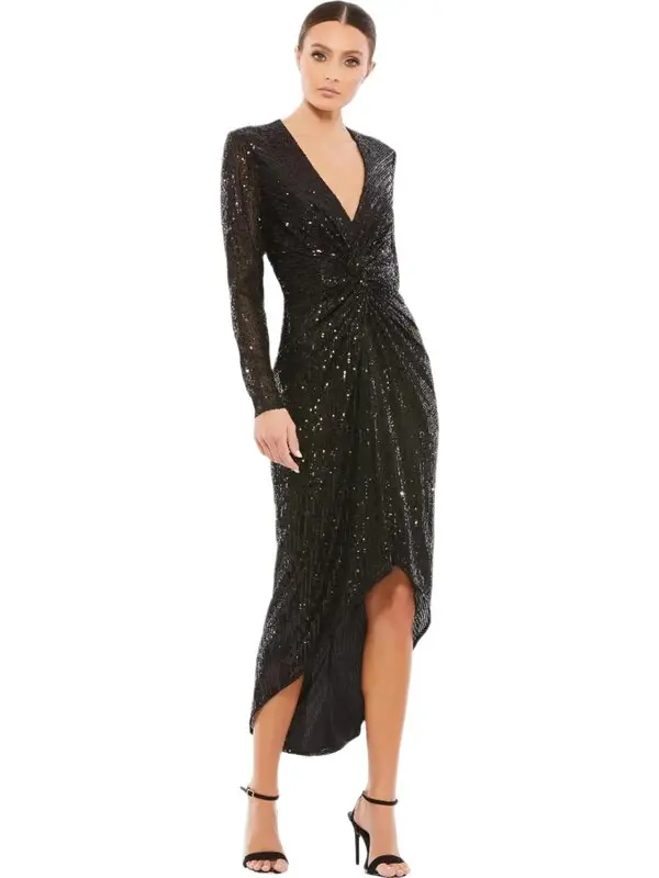 Mac Duggal Sequined High-low Front Twist Midi Dress - Black