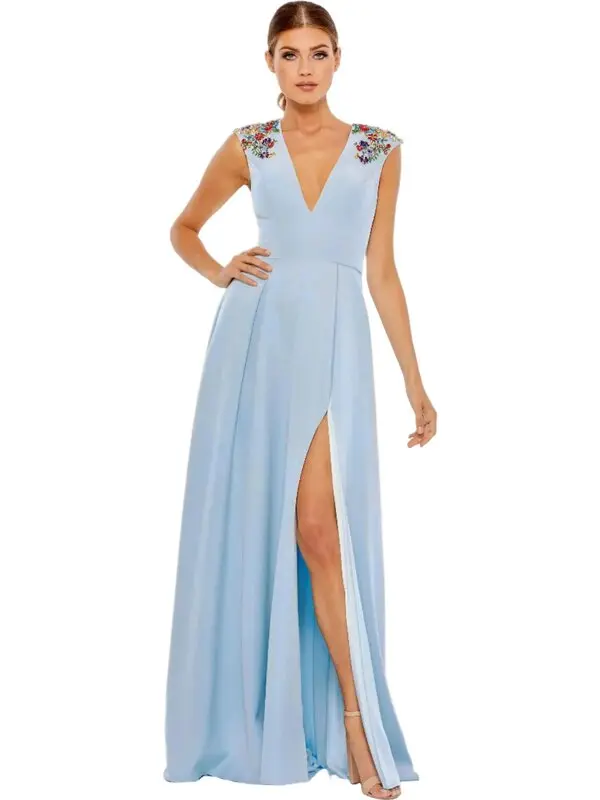 Mac Duggal A-line Gown With Floral Embellishments - Blue