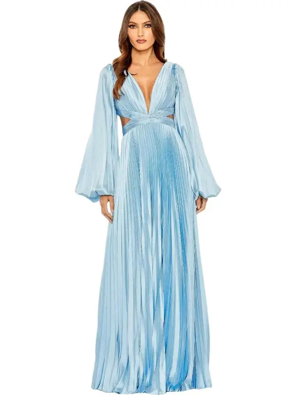 Mac Duggal Long Sleeve Pleated Charmeuse Cut Out Gown - Blue