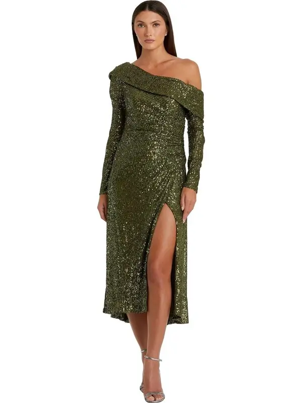 Mac Duggal One-shoulder Sequin Midi Dress - Green