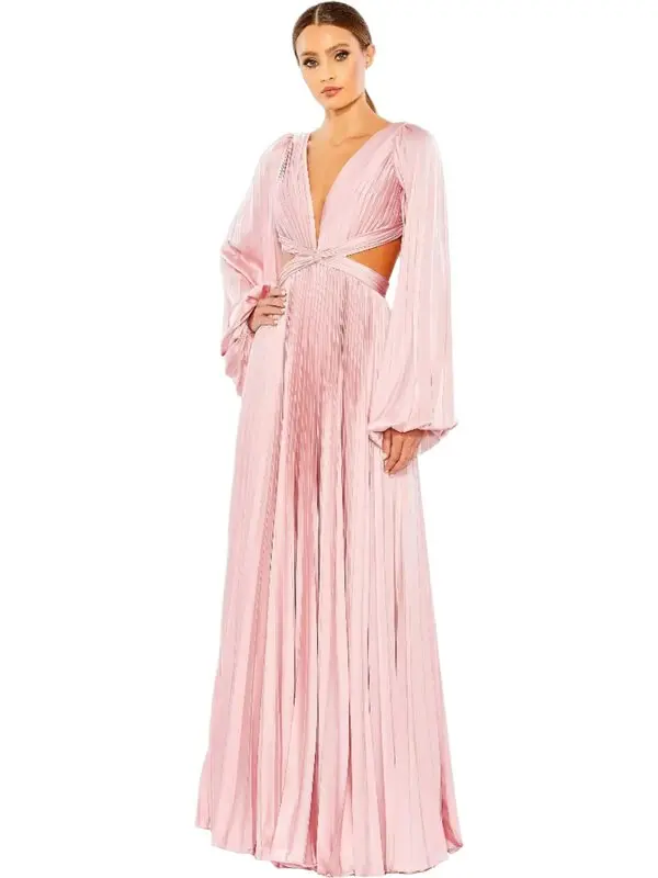Mac Duggal Long Sleeve Pleated Charmeuse Cut Out Gown - Pink