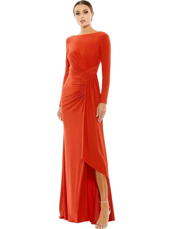 Mac Duggal Ruched Long Sleeve Boat Neck Gown - Orange